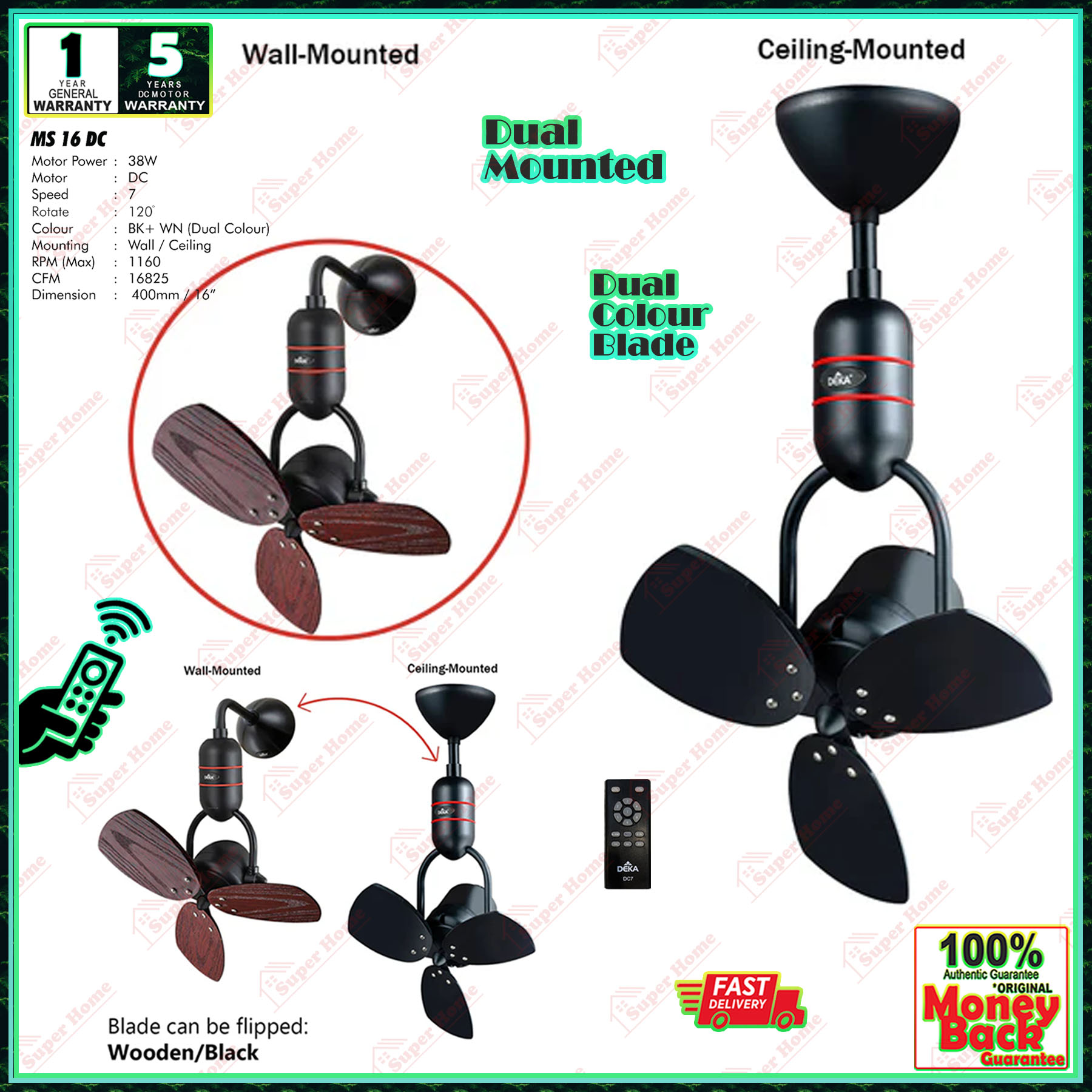 Deka Wall Fan MS16DC Dual Mounting Wall & Ceiling DC Motor Designer Fan ...