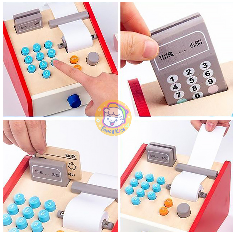 Wooden Toy Mini Cashier Cash Register with Play Money Coin Pretend Role ...
