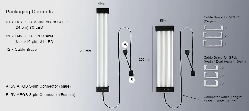 TECWARE FLEX RGB EXTENSION CABLE - FOR PSU AND GPU SUPPORT MOTHERBOARD ...