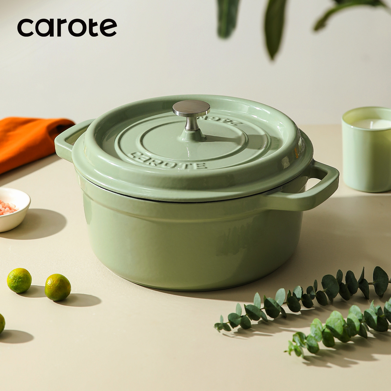 CAROTE Enamel Pot Matcha Green 24cm Dutch Non Stick Pure Cast Iron ...
