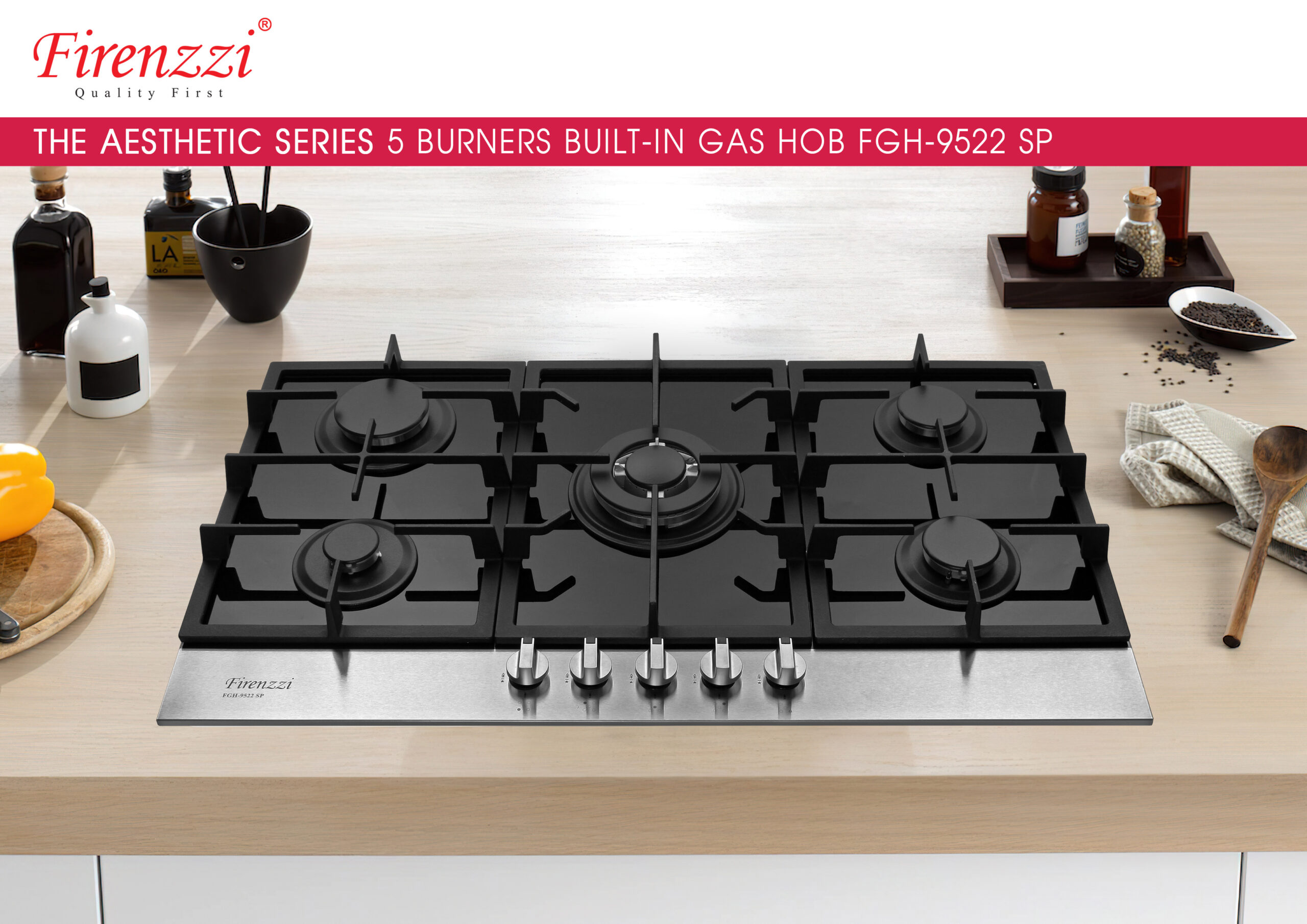 FIRENZZI 5 Burners Built In Gas Hob with Safety Device FGH-9522 SP ...