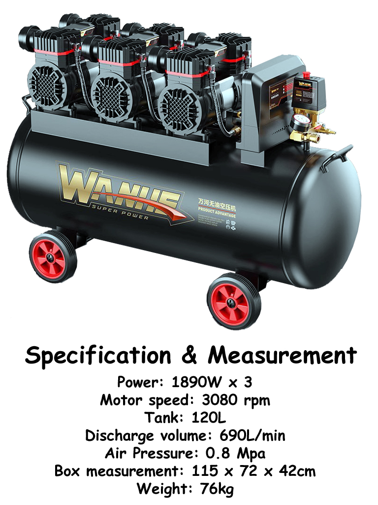 Air Compressor 120L Tank, Oilless Air Compressor Oil Free Air ...