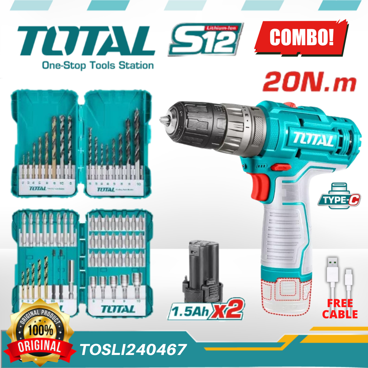 TOTAL TOSLI240467 S12 12V Li-ion Impact Drill with Drill Bits Set ...