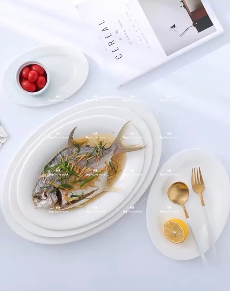 8" / 9" / 10" Microwaveable White Ceramic Oval Fish Plate Steam Fish ...