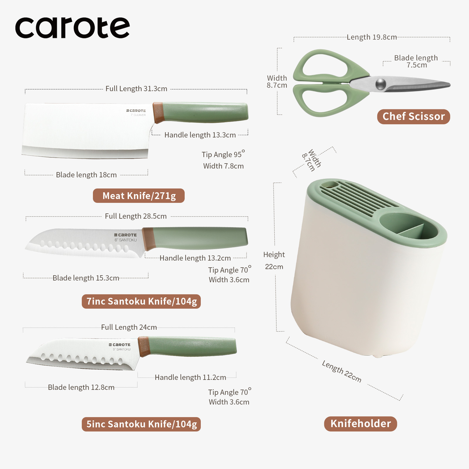 CAROTE Bio Green Series 4-Piece Stainless Steel Knife Set Kitchen Tools ...