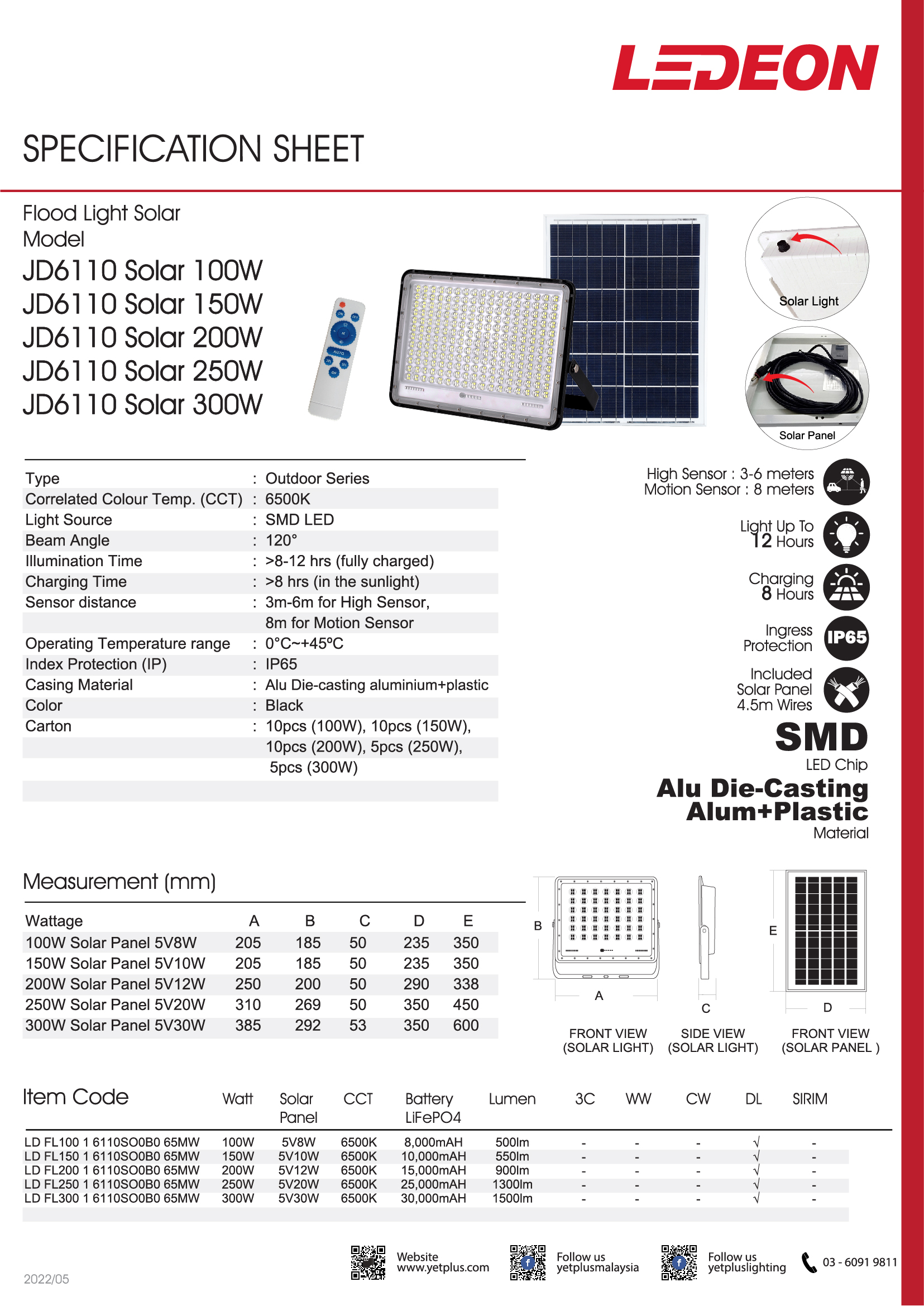 YETPlus LEDEON JD6110 Body Sensor Lampu Solar LED IP65 Outdoor Street ...