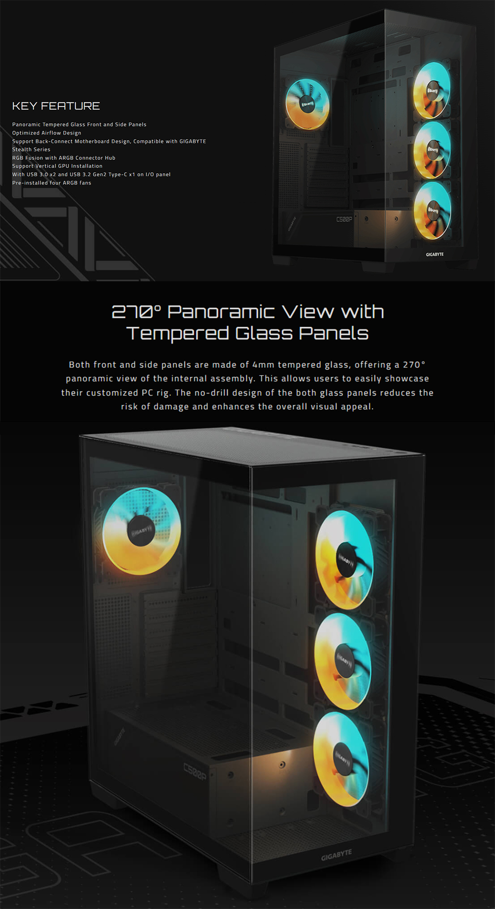Gigabyte C500 Panaromic Stealth Tempered Glass Mid Tower PC Case RGB ...