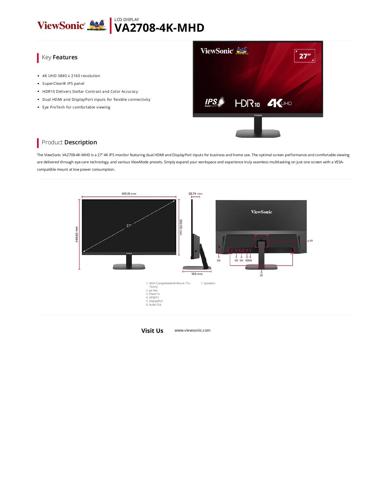 VIEWSONIC VA2708-4K-MHD 27" MONITOR ( 27" IPS 4K UHD / 4MS / 60HZ ...