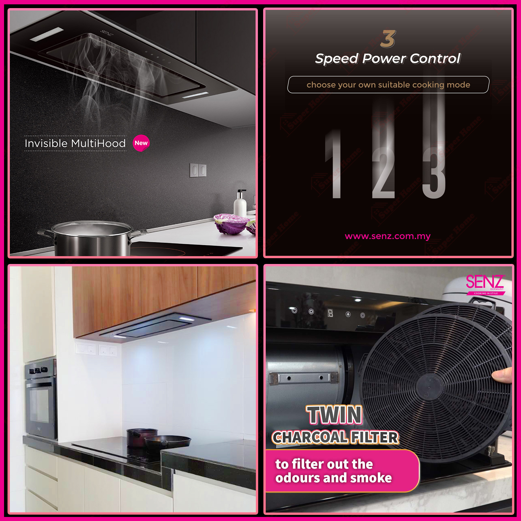 SENZ Invisible MultiHood SZ-CH1288RC-B Modern Cooker Hood (Exhaust ...