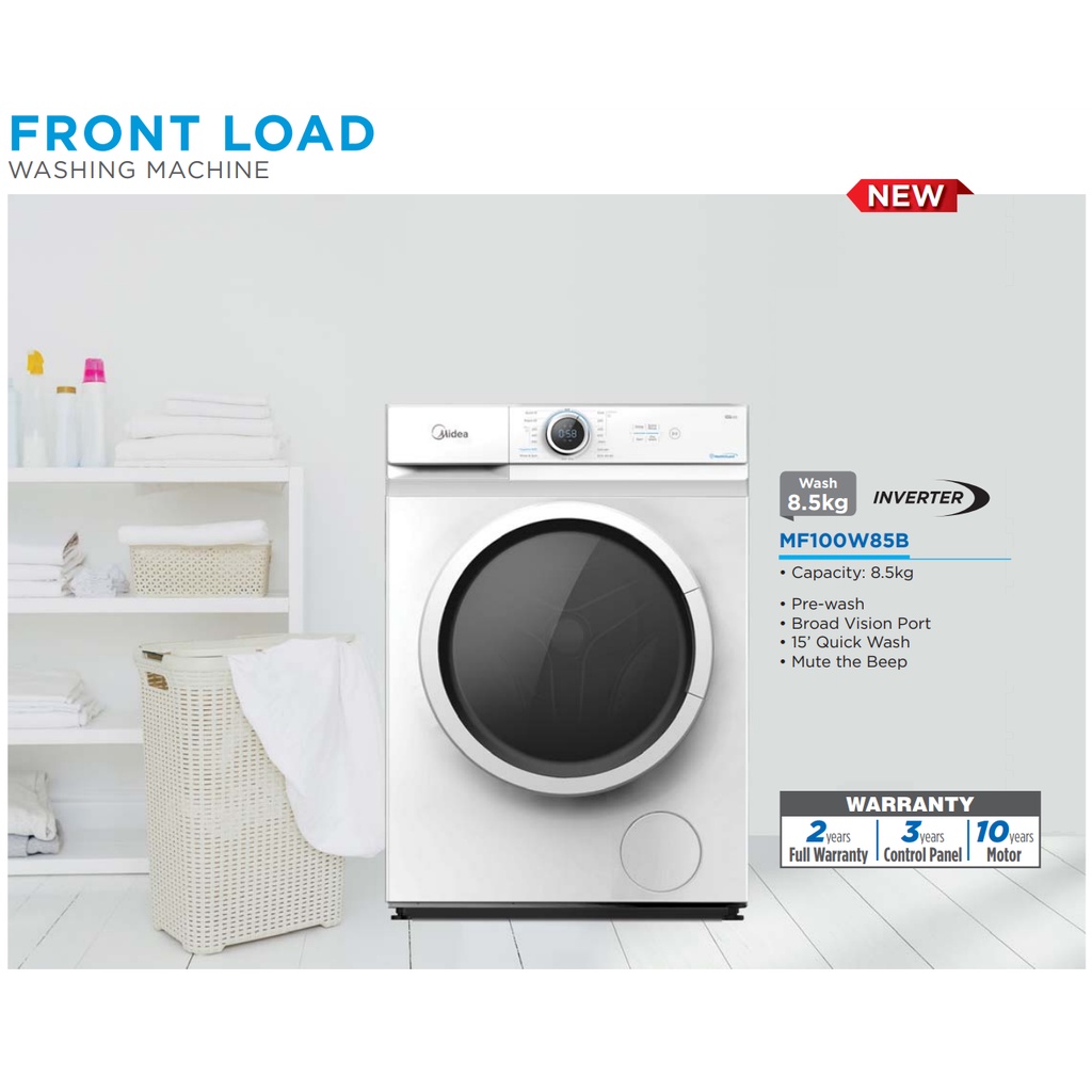 8.5KG MIDEA Inverter Front Load Washer Mesin Basuh | MF100W85B | Shopee ...