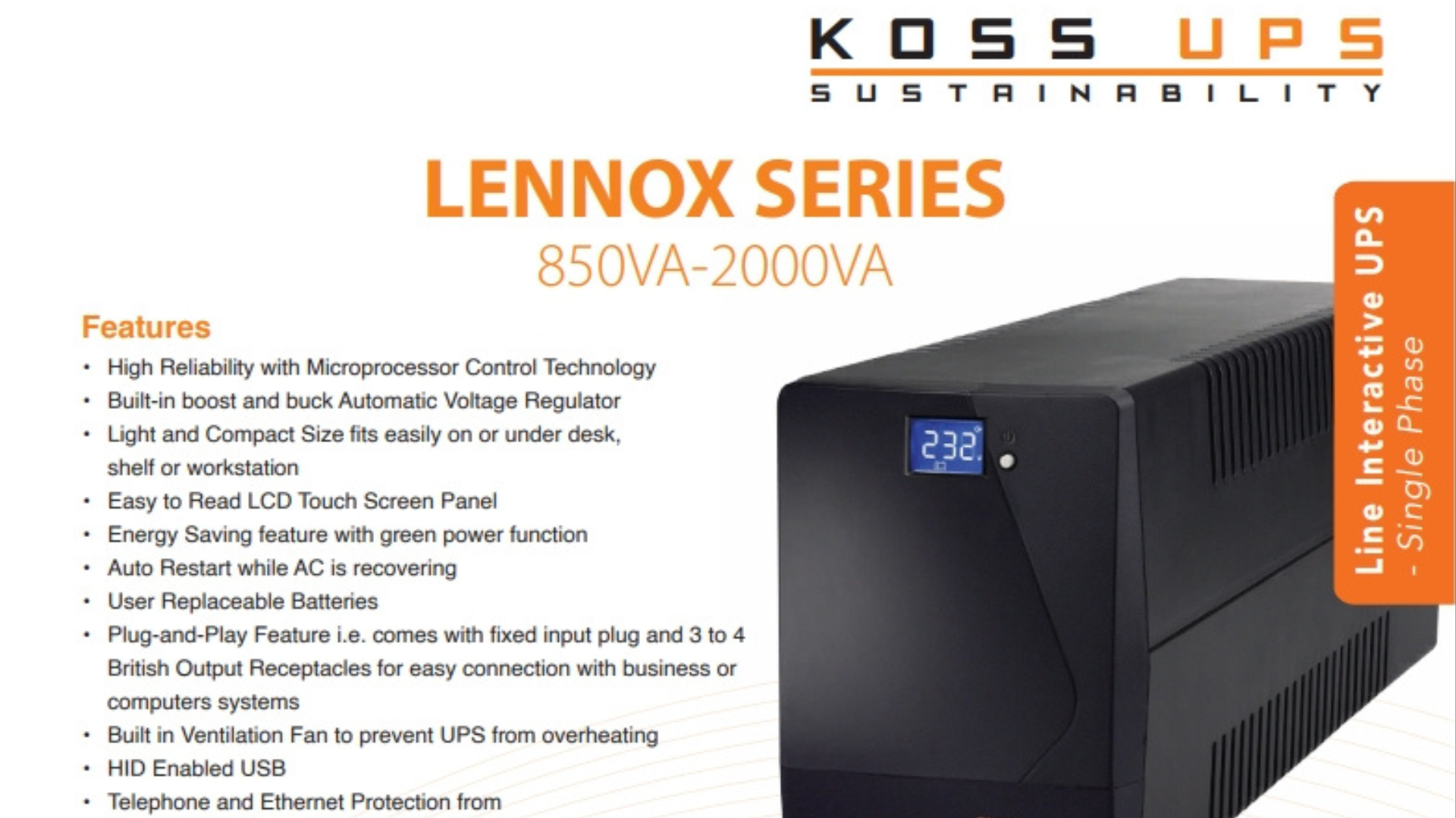 KOSS Lennox Series 1200VA 720W UPS AVR Uninterrupted Power Supply LED ...