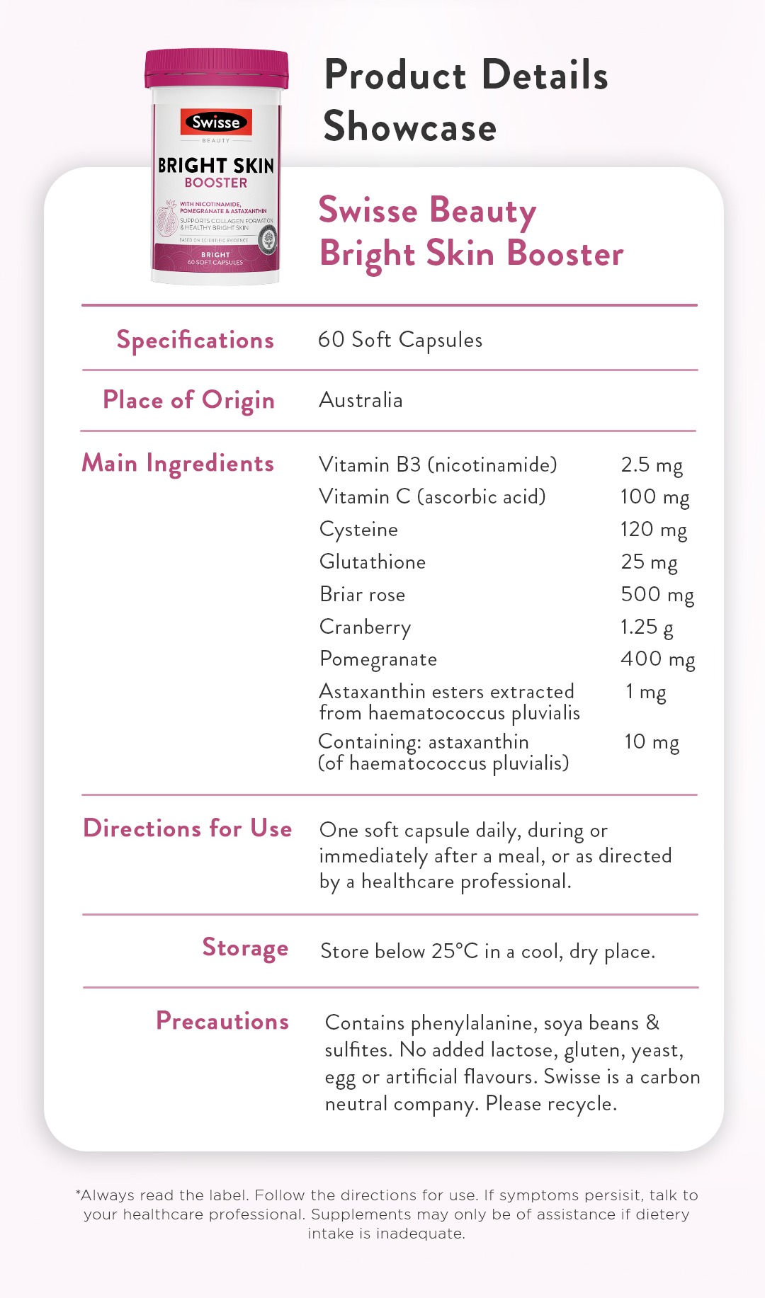 Swisse Beauty Bright Skin Booster 60 Soft Capsules (EXP:06 2027 ...