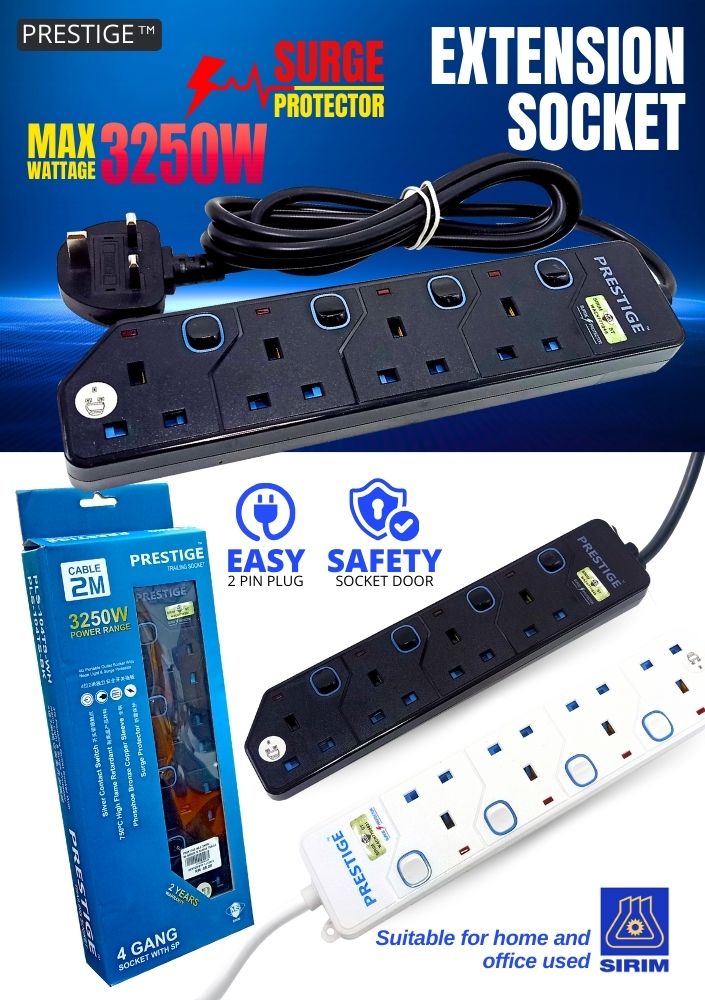 [SIRIM] PRESTIGE Trailling Socket Surge Protector Extension Socket With Neon School Office Home ...