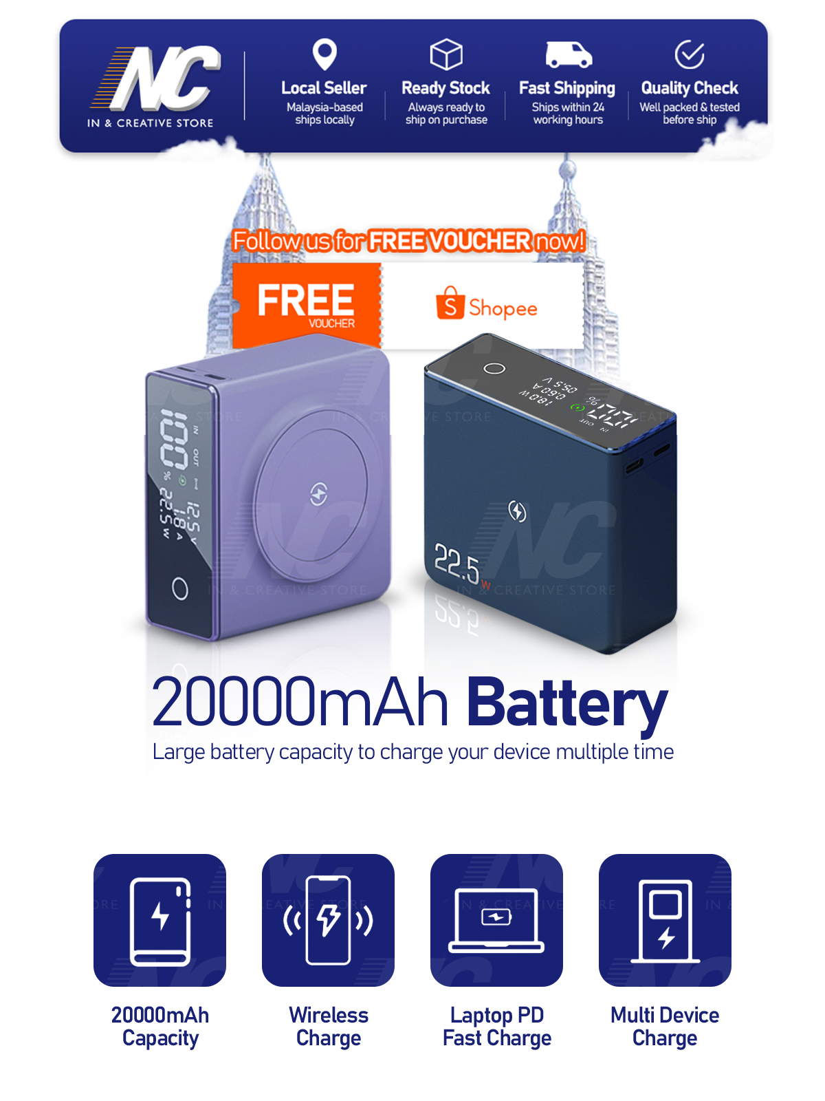 Wireless Fast Charge Power Bank Charge LED Indicator for iPhone/Android ...