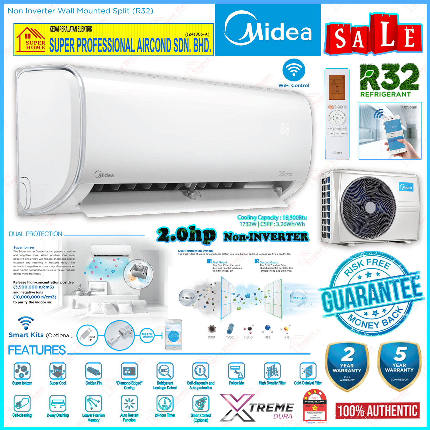 Midea 2.0hp Non-Inverter Air Conditioner MSGD-18CRN8 ((Xtreme Dura ...