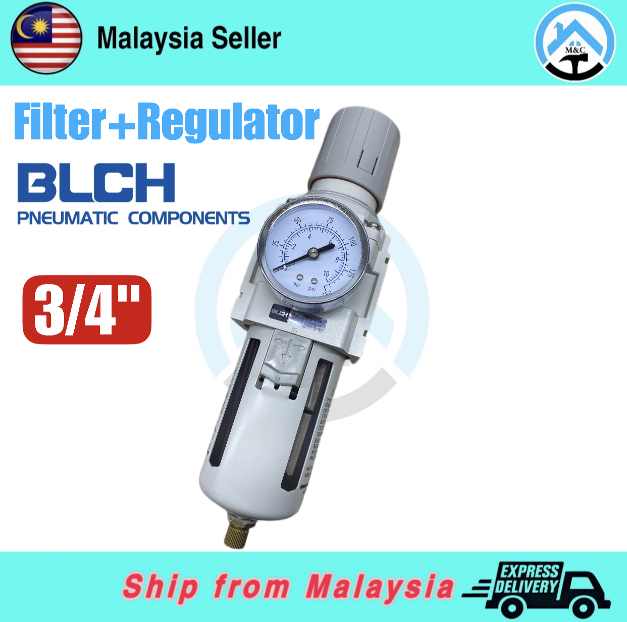 [ BLCH ] 3/4" 1" Filter Regulator BAW4000 BAW5000 Pneumatic Air Pressure Filter Regulator ...