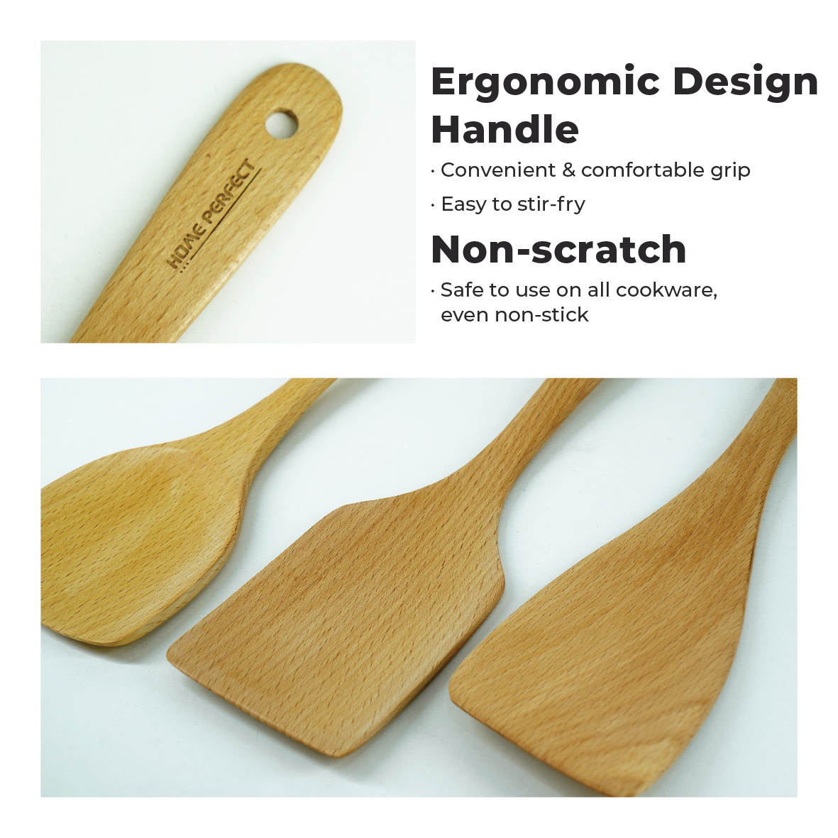 HOME PERFECT Wooden Non-Scratch Kitchen Utensils,Slotted/Flat/Round ...