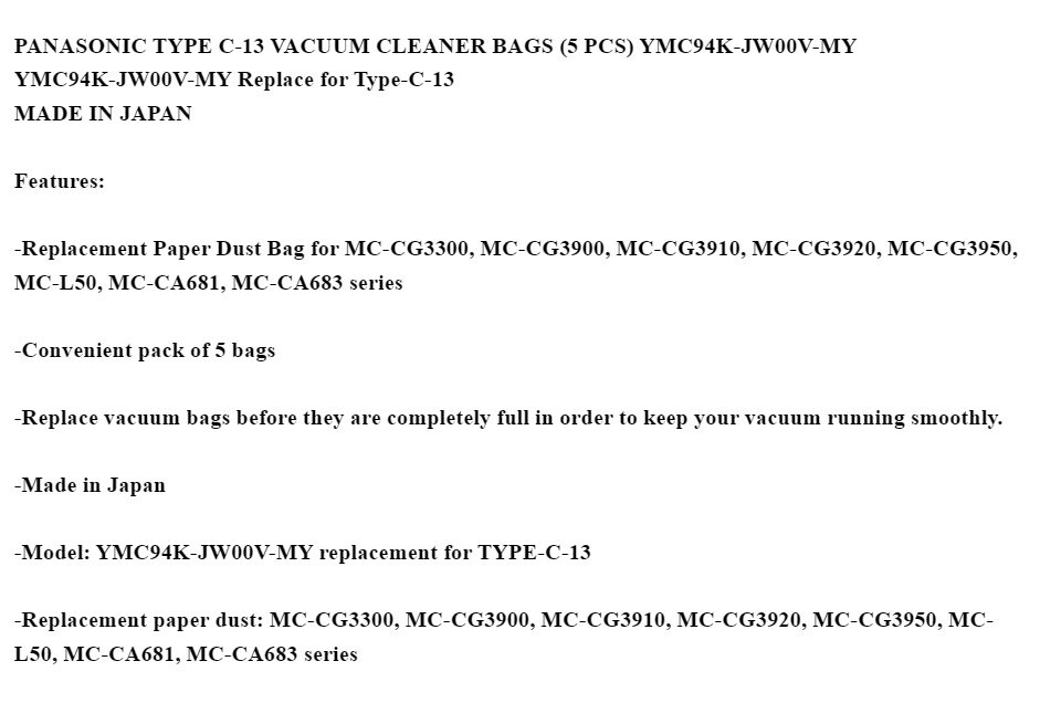 PANASONIC Type C-13 Vacuum Bags MC-CG3300/MC-CG3900/MC-CG3910/MC-CG3920 ...