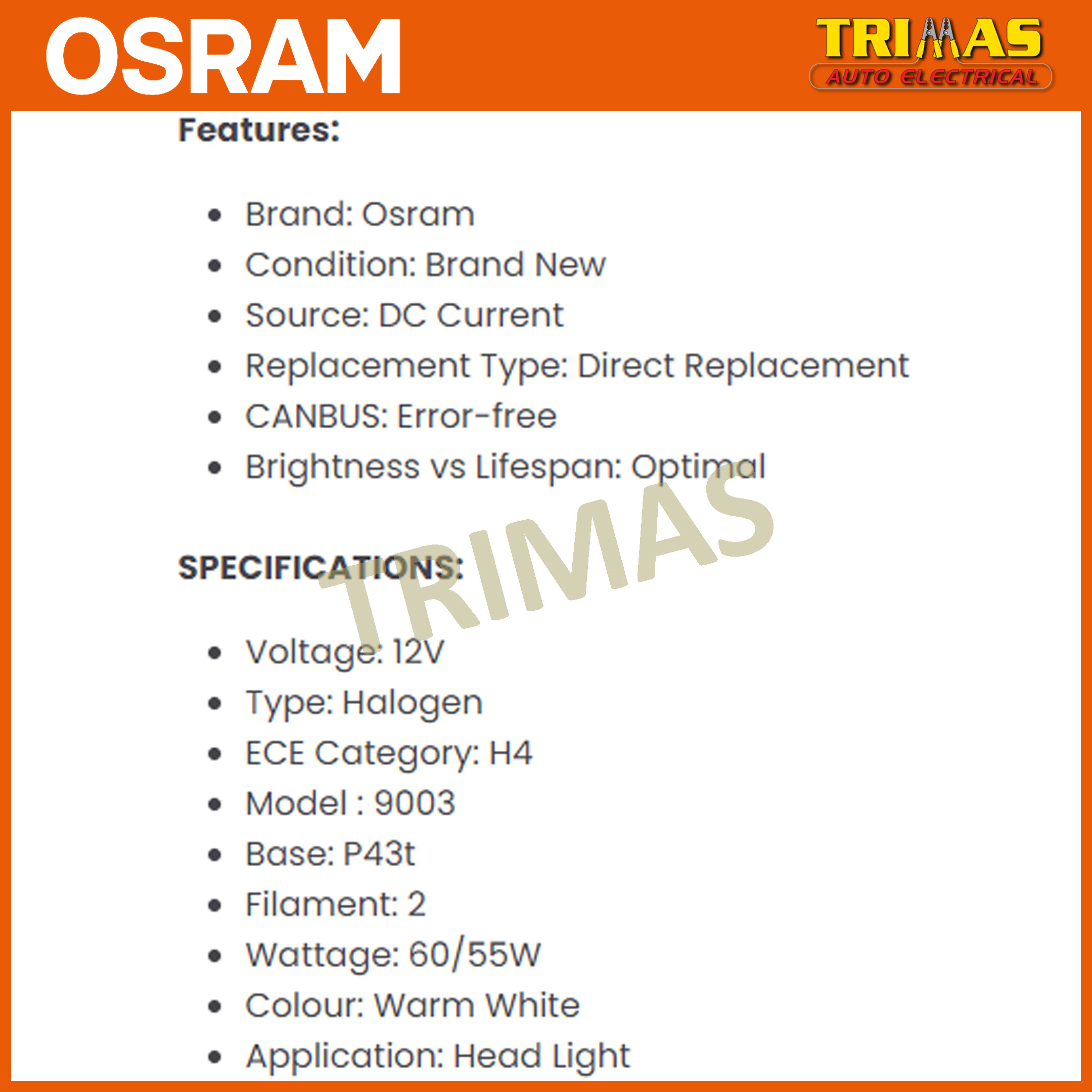 64193 ORIGINAL Osram Germany Bilux Bulb High Low Beam H4 P43T 12V 60 ...
