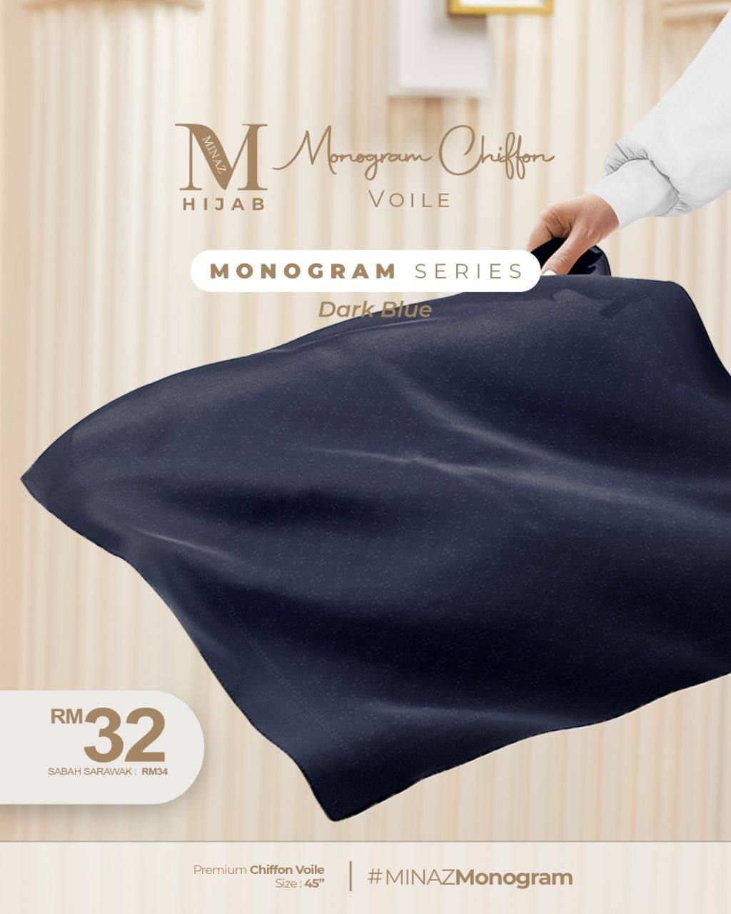 Minaz Hijab tudung bawal plain monogram chiffon voile bidang 45 senang ...