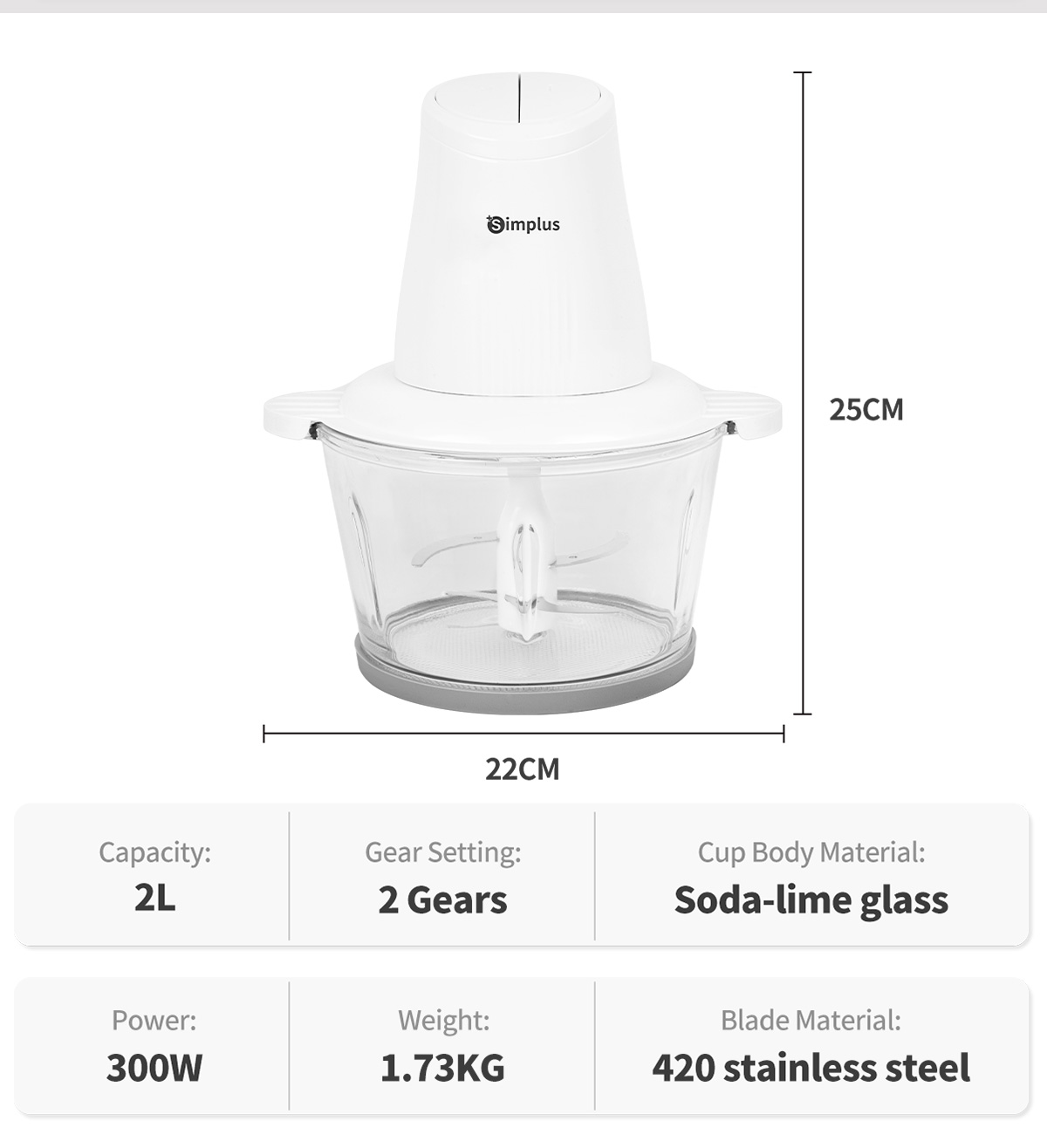Simplus Food Processor 2L Large Capacity 300W Powerful Motor Meat ...