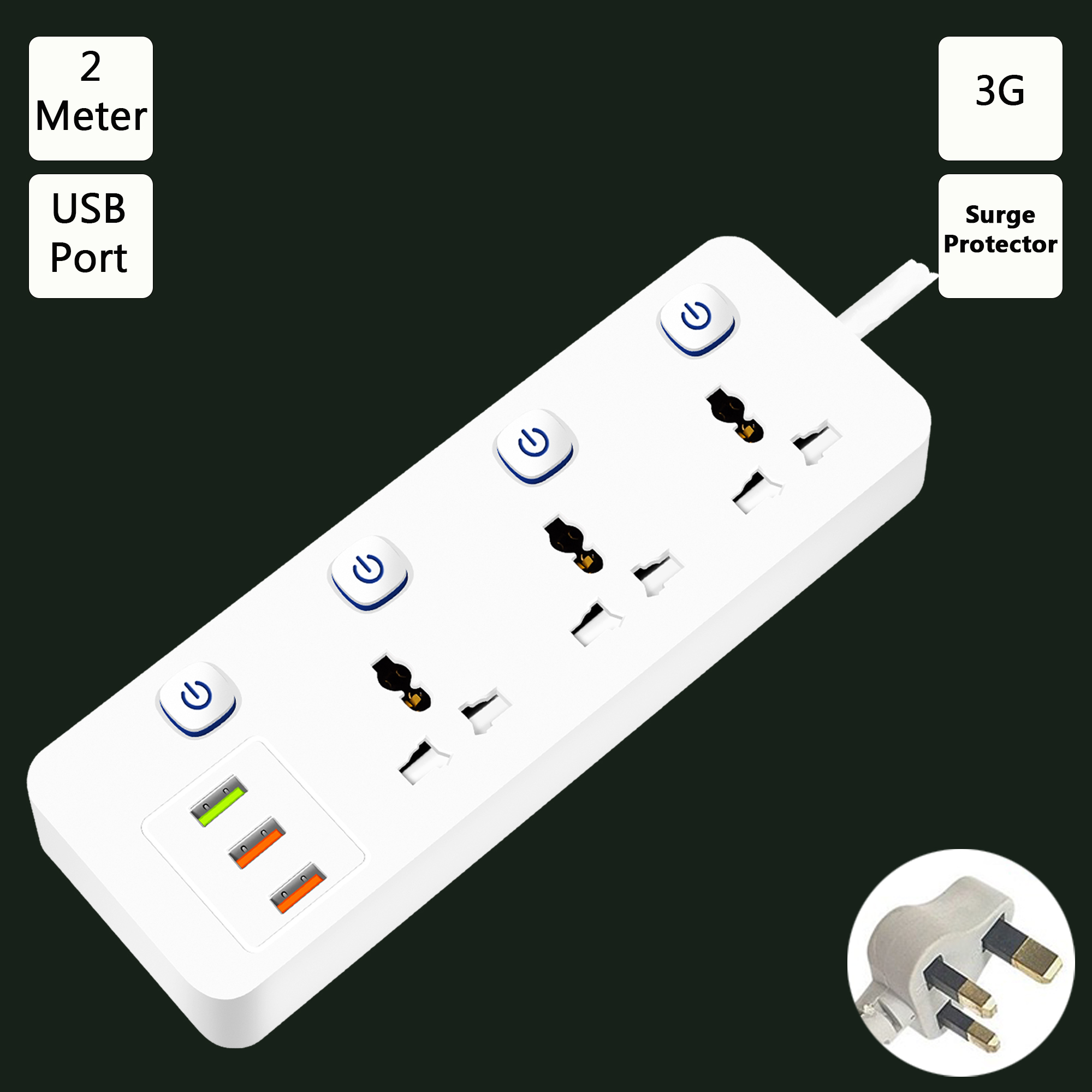 3H 13A 2 Gang To 5 Gang Multi Socket USB Port Power Extension Trailing ...