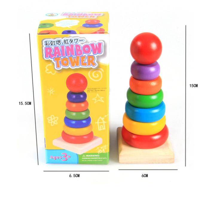 Wooden Stacking Rings Rainbow Tower Montessori Sensory Newborn Baby ...