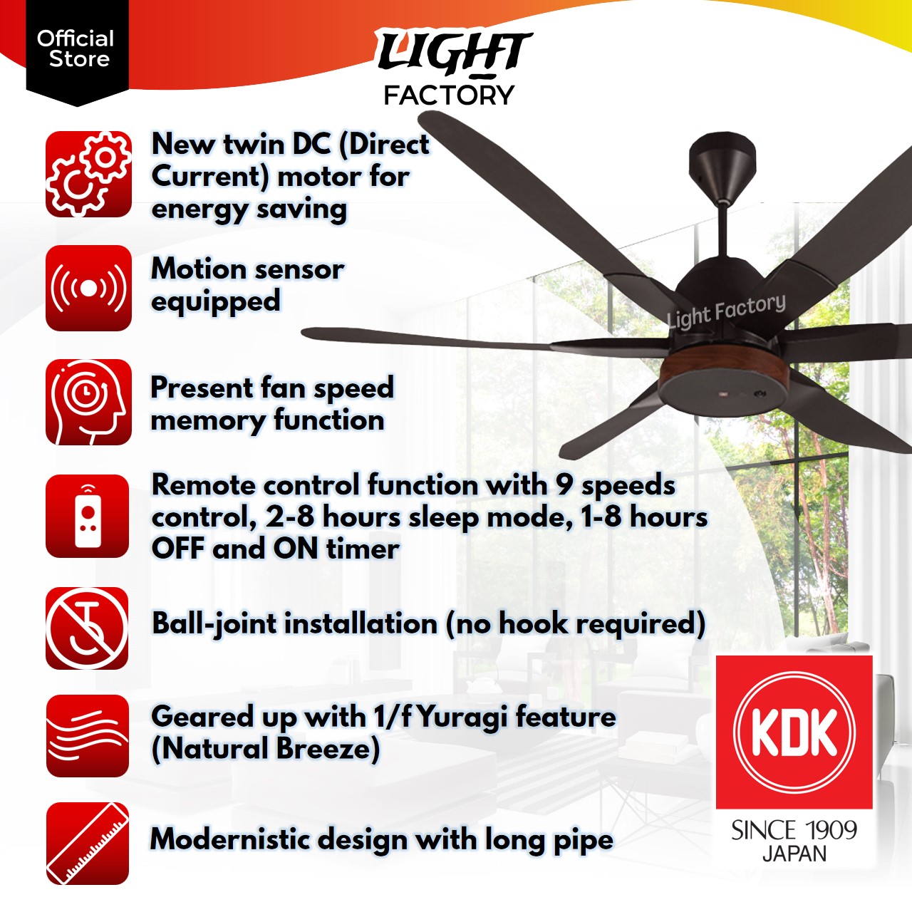KDK Moshon Series K18NY-RBR 70" 6 Blades DC Motor Ceiling Fan 9 Speeds ...