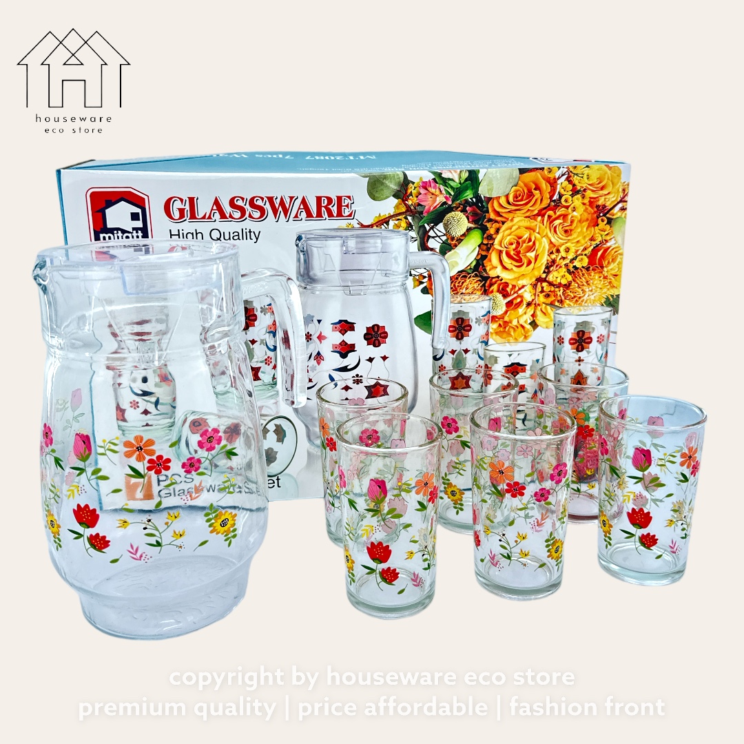 7pcs INS Flower Drink Glass Cup Jug Set / Flower Pattern Glass Drinking ...