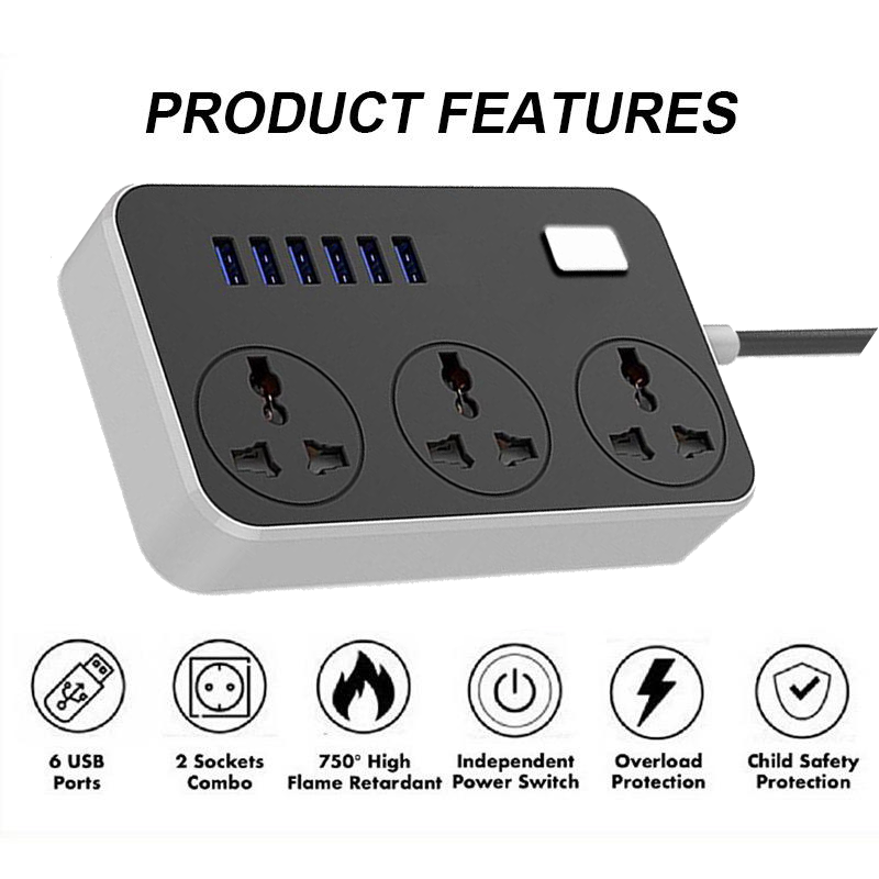6 USB Port 3 Universal Power Strip Extension Plug Power Socket Electric ...