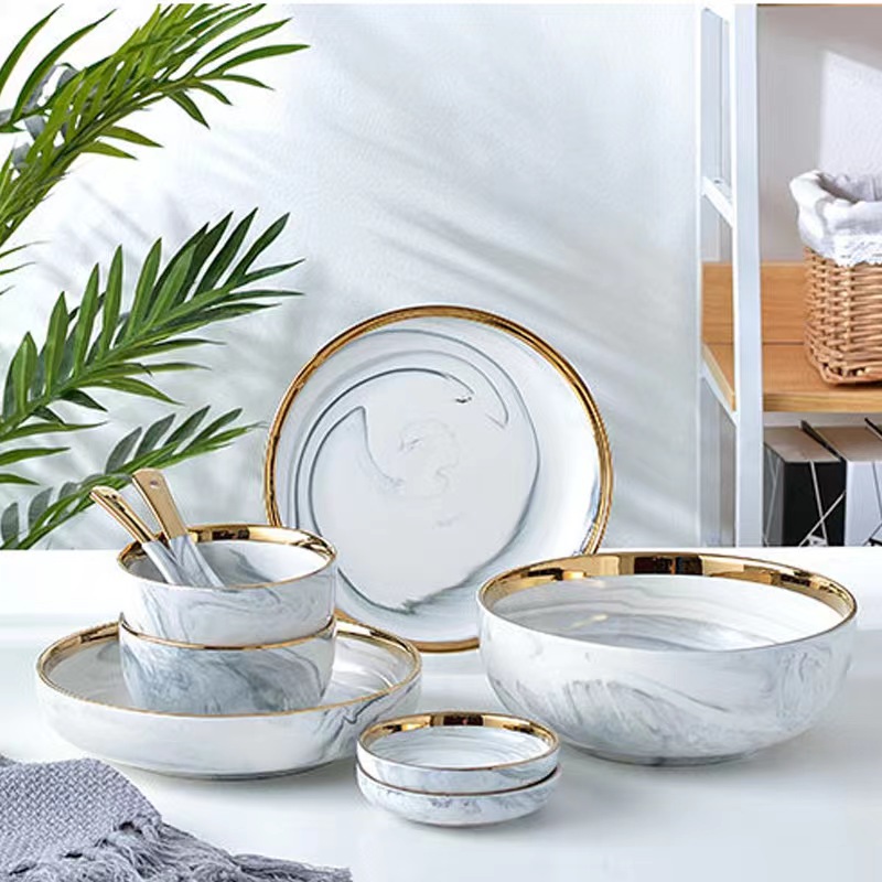Marble Ceramic Dinnerware Gift Set Rice Salad Noodles Bowl Soup charge ...