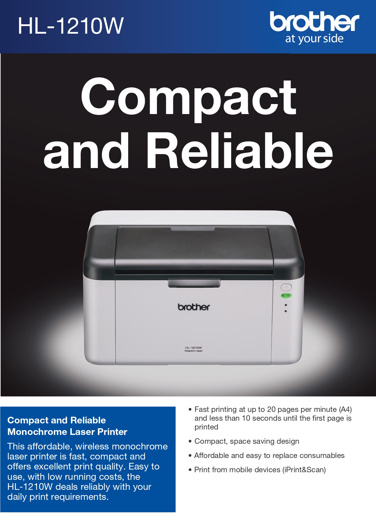 Brother HL-1210W A4 Monochrome Laser Printer USB WI-FI 20ppm Fast Print ...