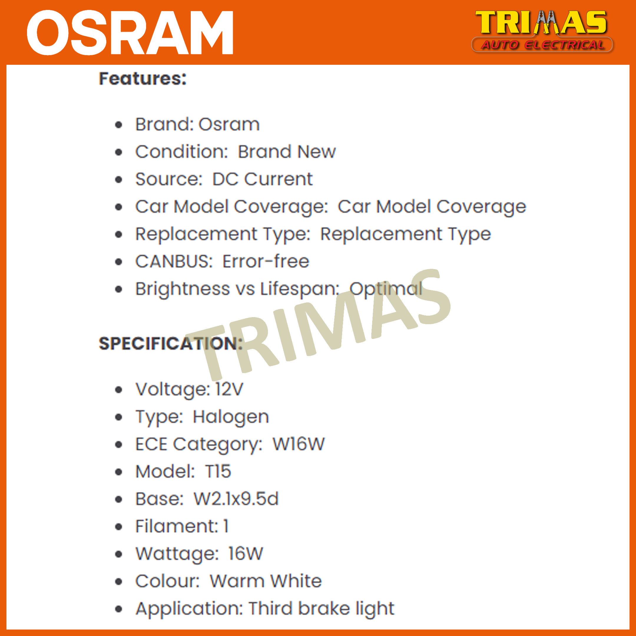 ORIGINAL Osram T15 W16W 921 Perodua Toyota Third Brake Parking Signal Reverse Bulb Mentol 12V ...