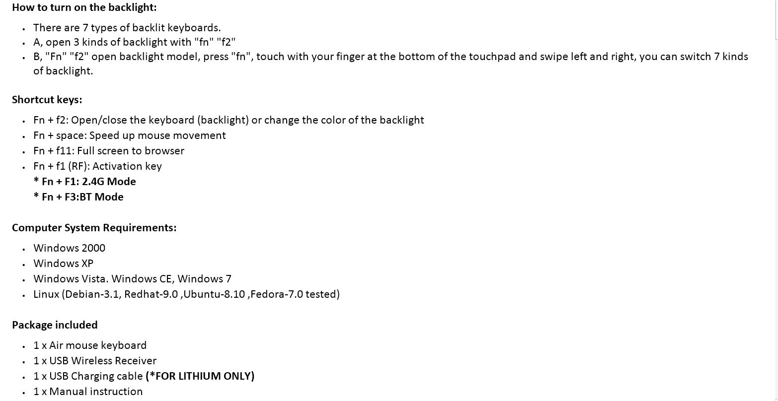 Wireless Keyboard Air Mouse 2.4Ghz USB Bluetooth Touchpad Remote ...