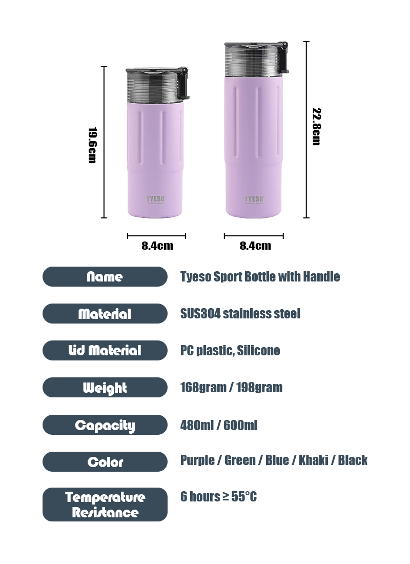 Tyeso Tumbler Sport Bottle With Portable Handle 480ml/600ml 304 Stainless Steel Thermos Water ...