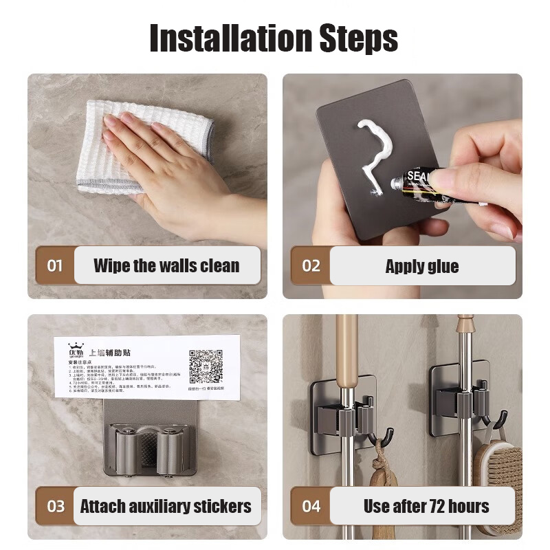 Mop Hooks Wall Mount Mop Holder Organizer 304 Stainless Steel Bathroom ...