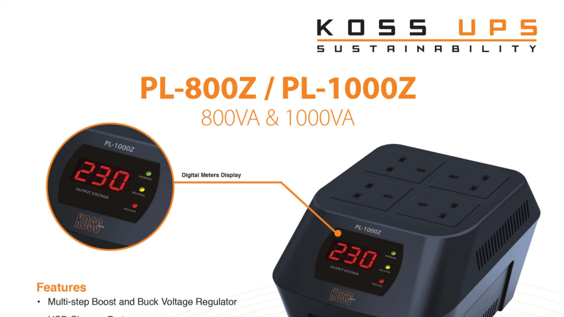 Koss 800VA AVR Automatic Voltage Regulator 4 UK 3 Pin Socket 1 USB ...