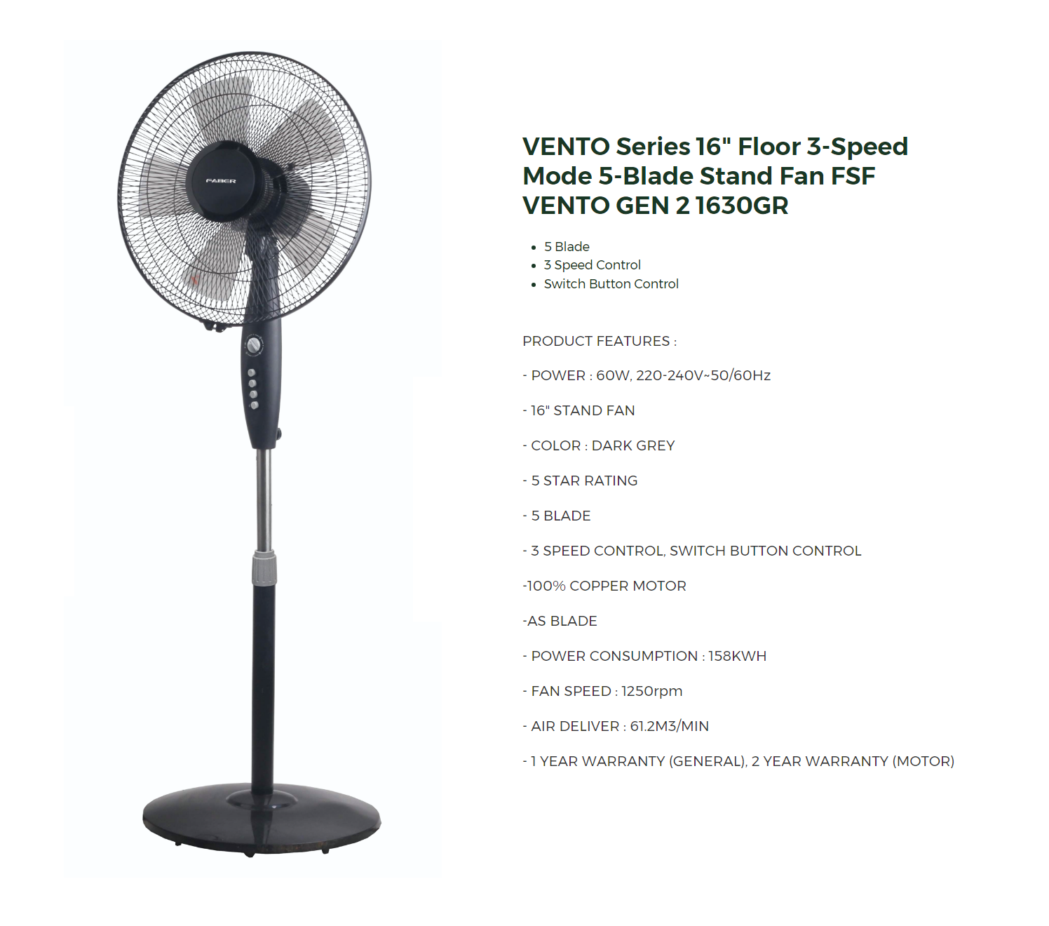 Faber 16 Inch Stand Fan 5 Blades Kipas Angin Berdiri Murah Berkualiti ...