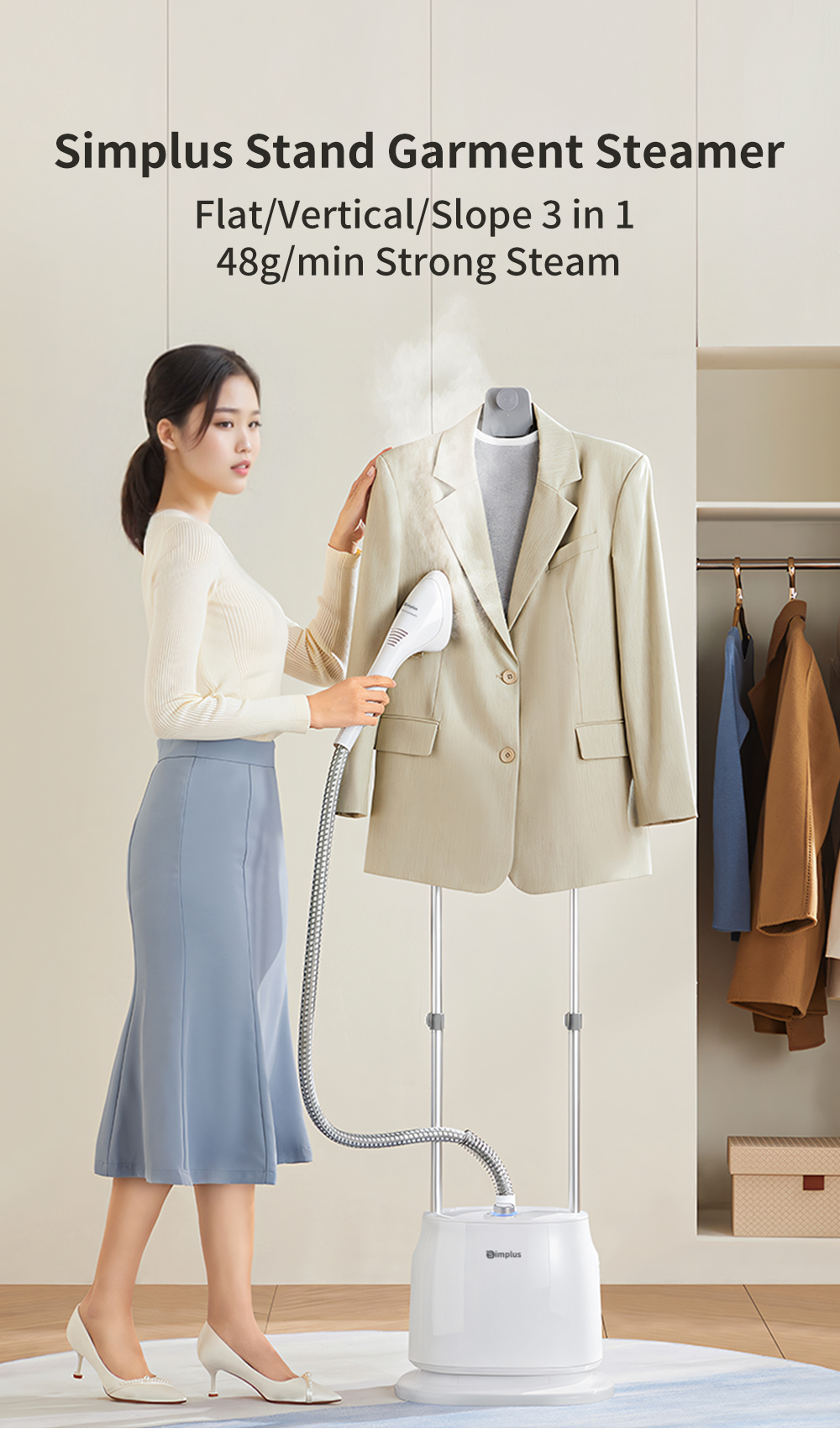 Simplus Garment Steamer Flat&Ironing&Hanging 3 In 1 Vertical Ironing Machine 2-Poles 48g/Min Max ...