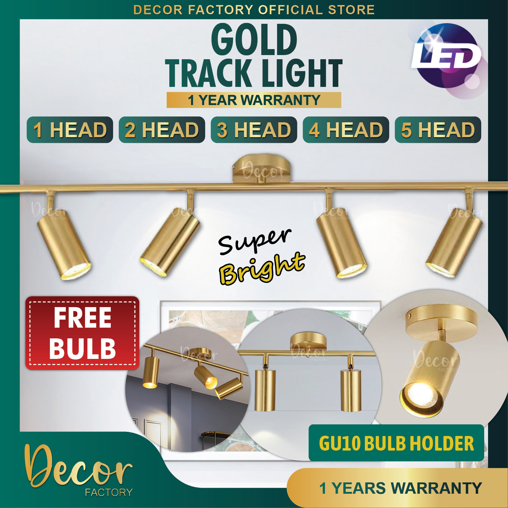[FREE BULB] LED Gold Track Light Lampu Track Ceiling Lighting with GU10 ...