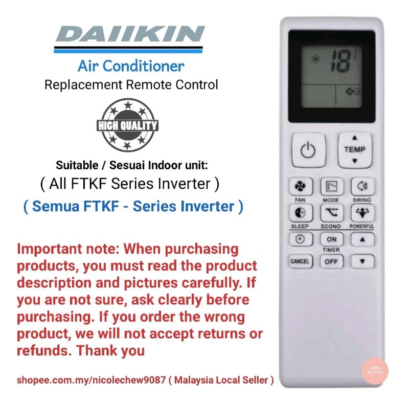 Daikin Inverter FTKF Series Replacement Remote Control N4B2(TMB24A ...