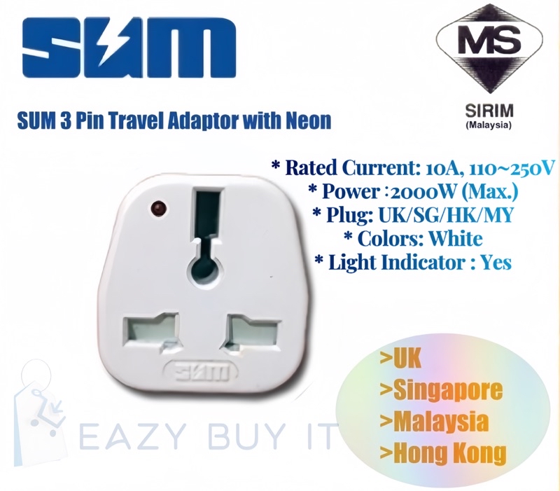 SUM MALAYSIA [𝟯-𝗣𝗶𝗻] TRAVELER ADAPTOR WITH NEON LIGHT (𝗨.𝗞, 𝗦𝗜𝗡𝗚𝗔𝗣𝗢𝗥𝗘 ...