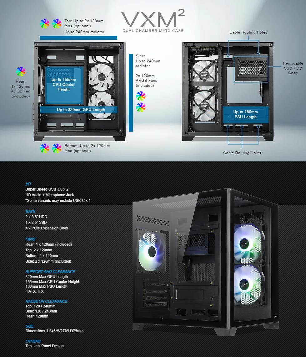 Tecware VXM2 ARGB Dual Chamber TG M-ATX Chassis - Black / White # TWCA ...
