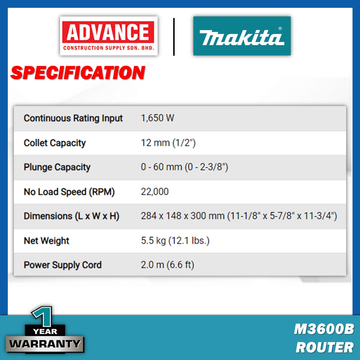MAKITA MT SERIES M3600 / M3600B Router 1650W 12MM (1/2") | Shopee Malaysia