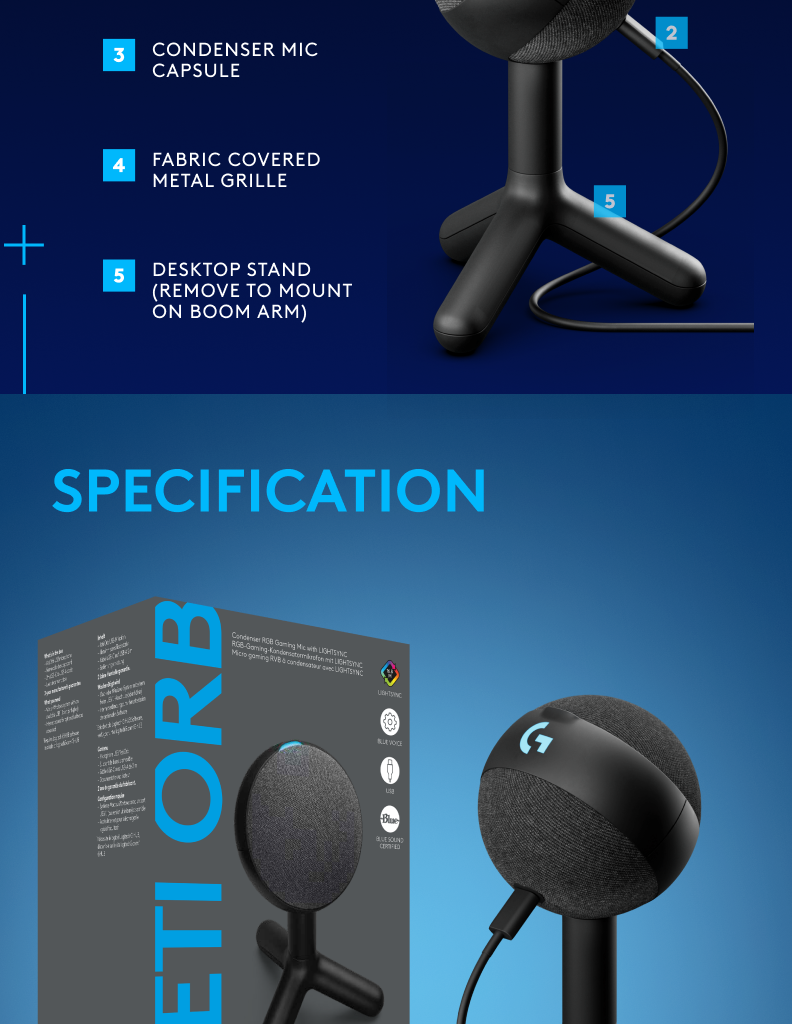 Logitech G Yeti Orb Condenser RGB Gaming Microphone with LIGHTSYNC, USB ...