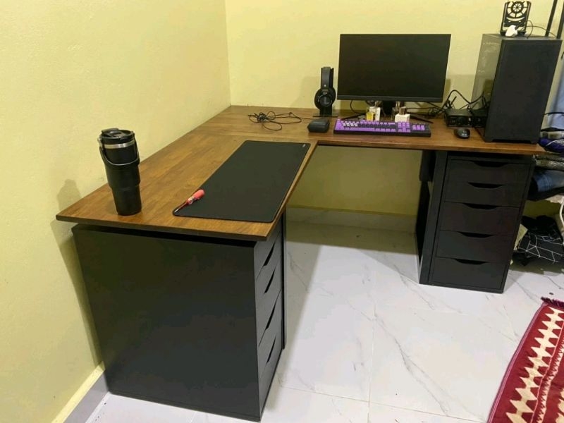 𝗫𝗭 L-Shape Table 100% Rubberwood Table Top Solid Wood Gaming Table ...