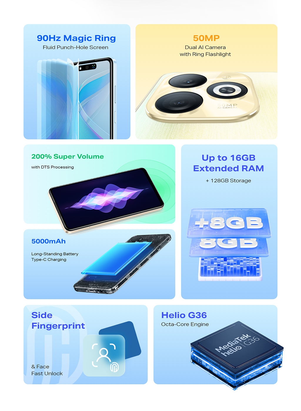 Infinix Smart8 Pro (128GB + up 8GB RAM) 90Hz 6.6 Display 50MP AI Dual ...