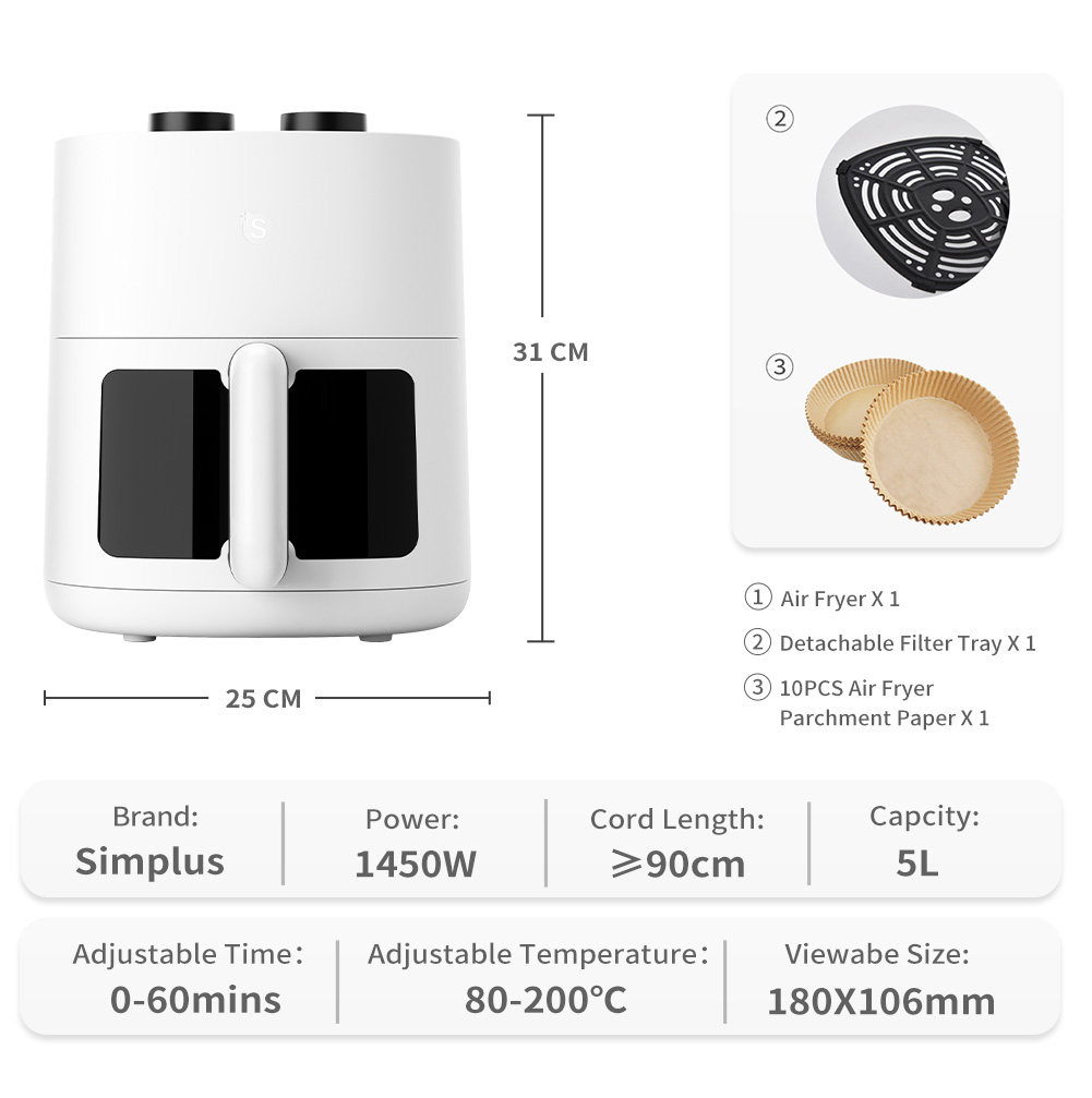 Simplus Air Fryer Viewable Multi-functional Household Use Micro-Steam Function (5L/1450W) GEN-S ...