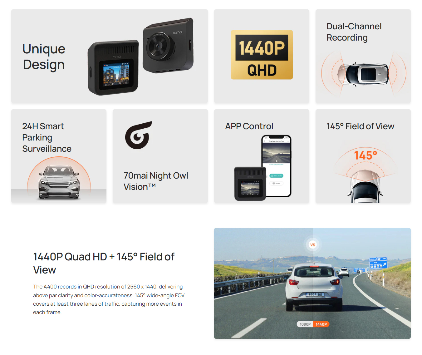 70mai A400 Car Recorder Dash cam QHD 1440p Support Dual Channel Recording & Parking Surveillance ...