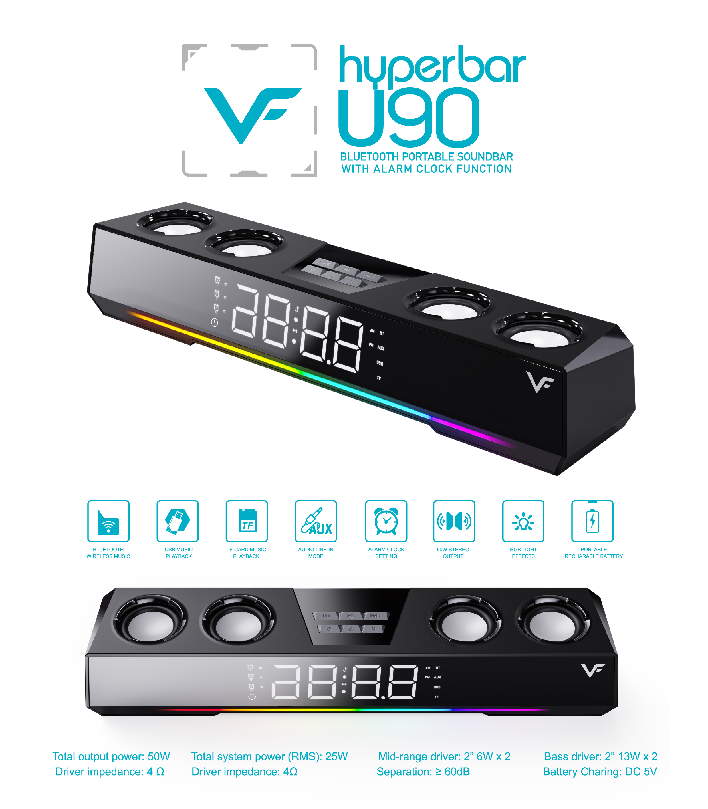 Vinnfier VF Hyperbar U90 BT 50W Bluetooth dengan Fungsi Jam Penggera Speaker alarm clock ...